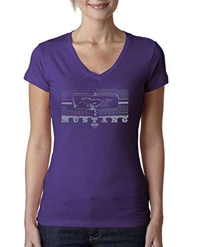 Vintage Ford Mustang Silver Honeycomb Grill Distressed Cars and Trucks Womens Junior Fit V-Neck Tee, Purple Rush, Medium