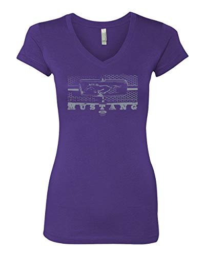 Vintage Ford Mustang Silver Honeycomb Grill Distressed Cars and Trucks Womens Junior Fit V-Neck Tee, Purple Rush, Medium