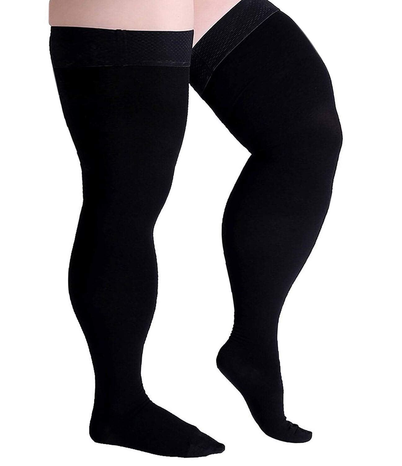 Runee Wide Thigh High Closed Toe Compression Stockings - 20-30mmHg Compression Designed For People With Wide Thigh And Calves (Black)