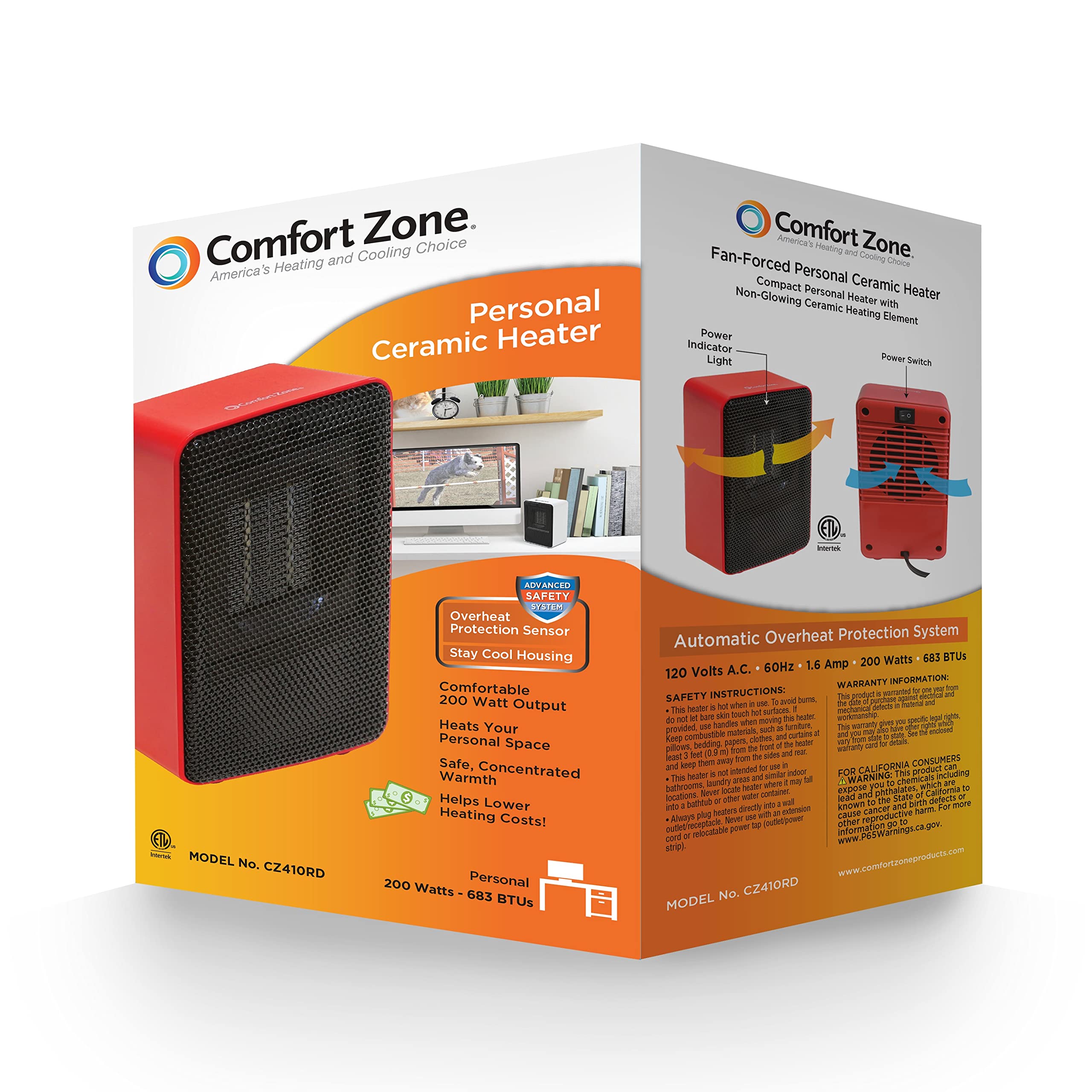 Comfort Zone CZ410RD Low Power 200 Watt Portable Ceramic Desktop Heater w/Fan, Red