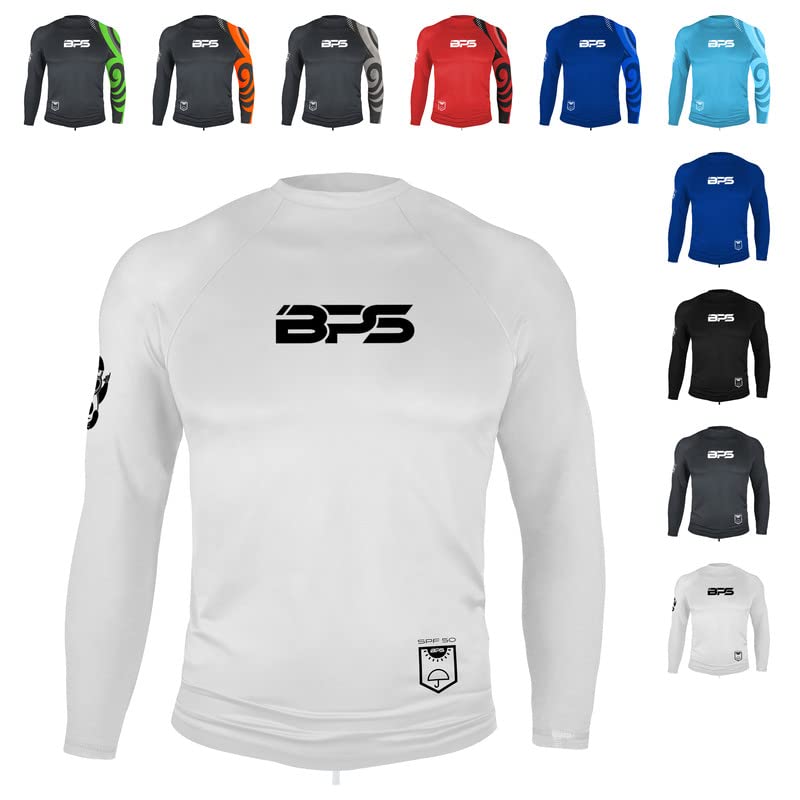 BPS Men's Long Sleeve Swim Shirt/Rash Guard with Sun Protection (White, M)