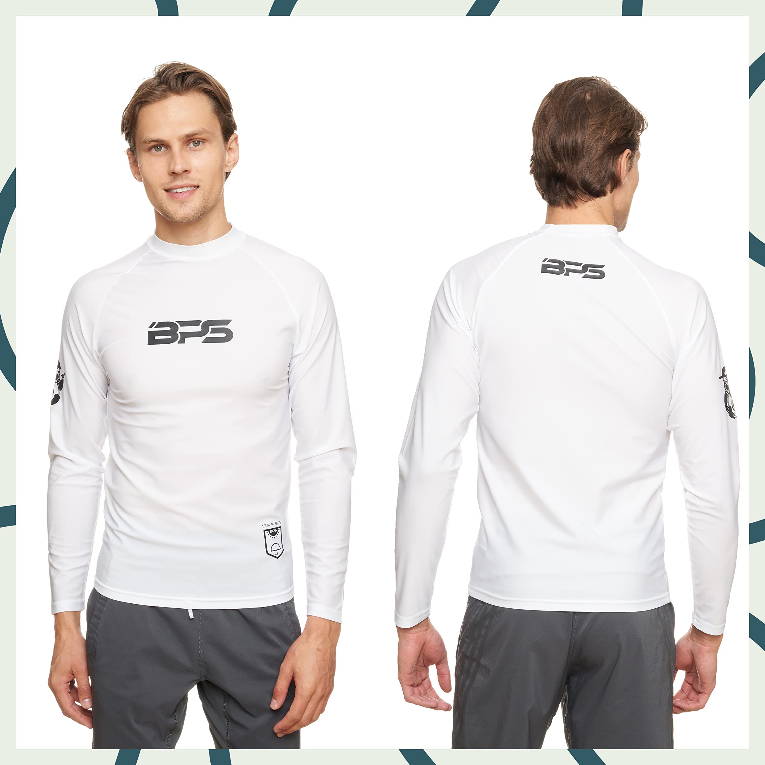 BPS Men's Long Sleeve Swim Shirt/Rash Guard with Sun Protection (White, M)