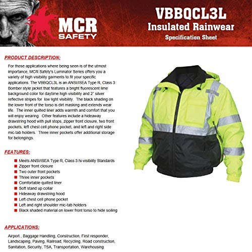 MCR Safety - Bomber Jacket Ansi 107 Class 3 Fluorescent Lime / (VBBQCL3LX2)