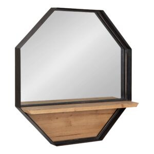 kate and laurel owing large rustic farmhouse metal octagon wall mirror with shelf, black