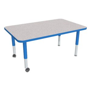 sprogs adjustable height mobile classroom activity table for preschools, rectangle preschool activity table with casters, 30"d x 48"w x 23"h, gray/blue