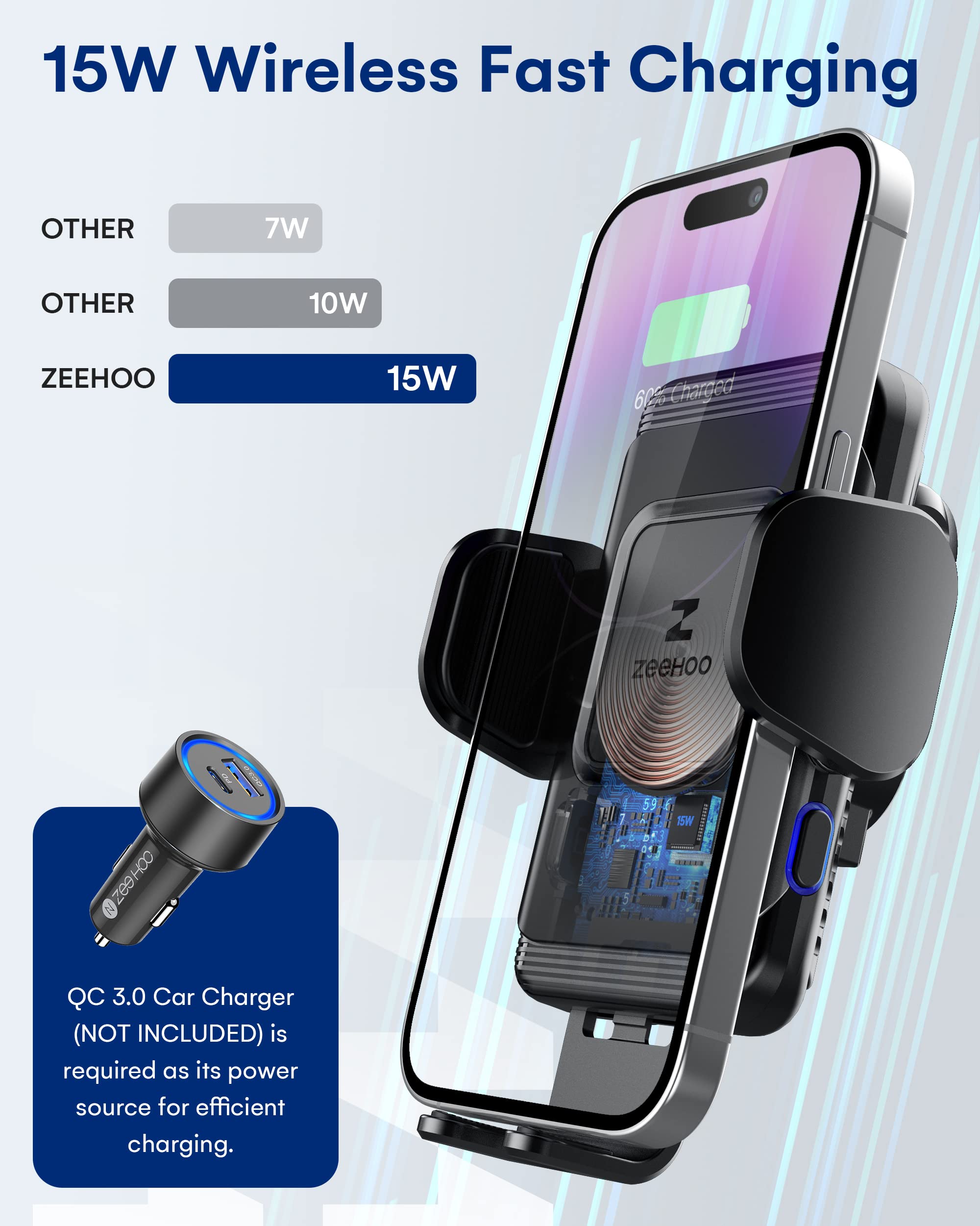 ZeeHoo Wireless Car Charger,15W Fast Charging Auto-Clamping Car Mount,Windshield Dash Air Vent Phone Holder for iPhone 15 14 13 12 Mini 11 Pro Max XS XR