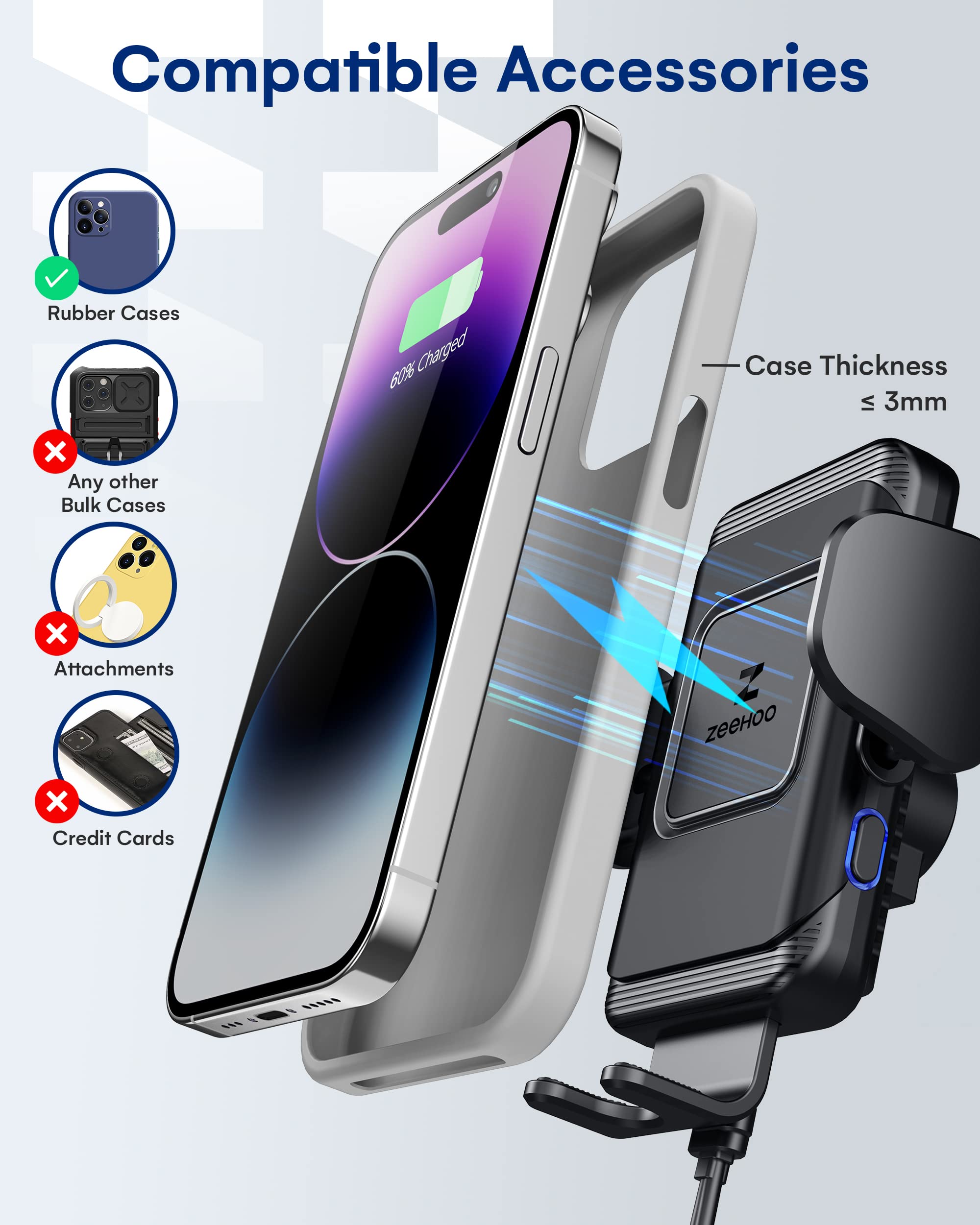 ZeeHoo Wireless Car Charger,15W Fast Charging Auto-Clamping Car Mount,Windshield Dash Air Vent Phone Holder for iPhone 15 14 13 12 Mini 11 Pro Max XS XR