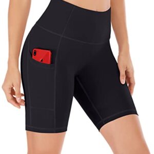 Ewedoos Biker Shorts Women Tummy Control Workout Shorts with 3 Pockets High Waisted Compression Gym Running Yoga Shorts Women Black