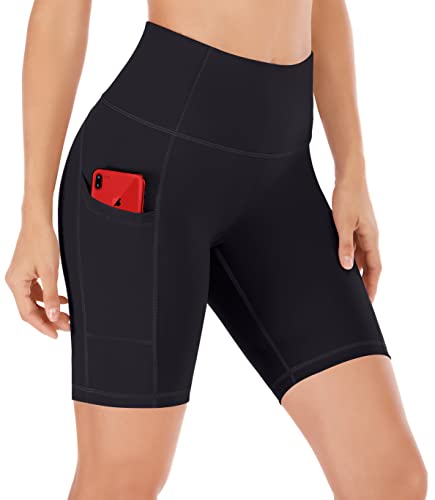 Ewedoos Biker Shorts Women Tummy Control Workout Shorts with 3 Pockets High Waisted Compression Gym Running Yoga Shorts Women Black