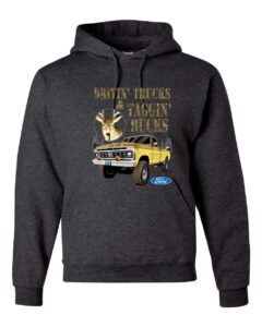 wild bobby driving trucks and taggin bucks retro ford f150 hunting cars and trucks unisex graphic hoodie sweatshirt, heather black, medium