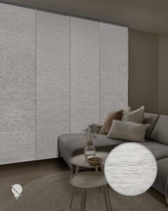 godear design 99% blackout adjustable vertical blinds 45.8"- 86" w x up to 96" h, extendable sliding panel track window blinds, grayish metallic luster trimmable natural woven panel curtain, mica +