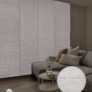 GoDear Design 99% Blackout Adjustable Vertical Blinds 45.8"- 86" W x Up to 96" H, Extendable Sliding Panel Track Window Blinds, Grayish Metallic Luster Trimmable Natural Woven Panel Curtain, Mica +