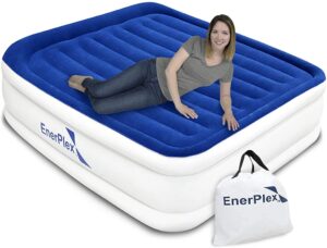 enerplex twin air mattress with built in pump - 15" luxury size self-inflating blow up mattress with neck support - inflatable air bed for portable travel & home use (blue/white)