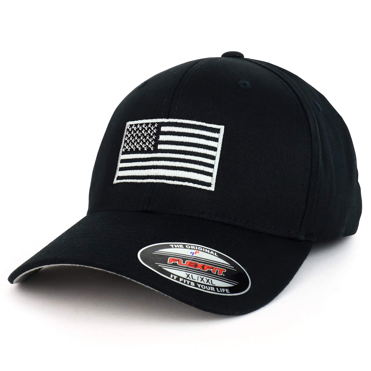 Armycrew USA American Flag Embroidered Flexfit Cap Fits Up to XXL - Black - S-M