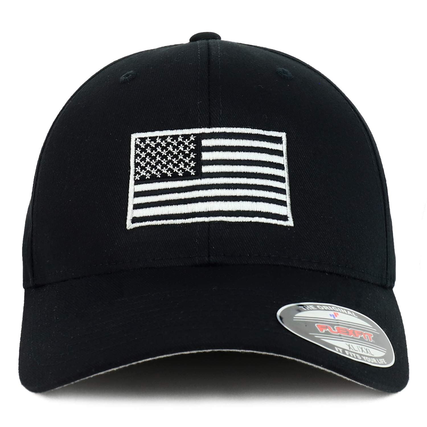 Armycrew USA American Flag Embroidered Flexfit Cap Fits Up to XXL - Black - S-M