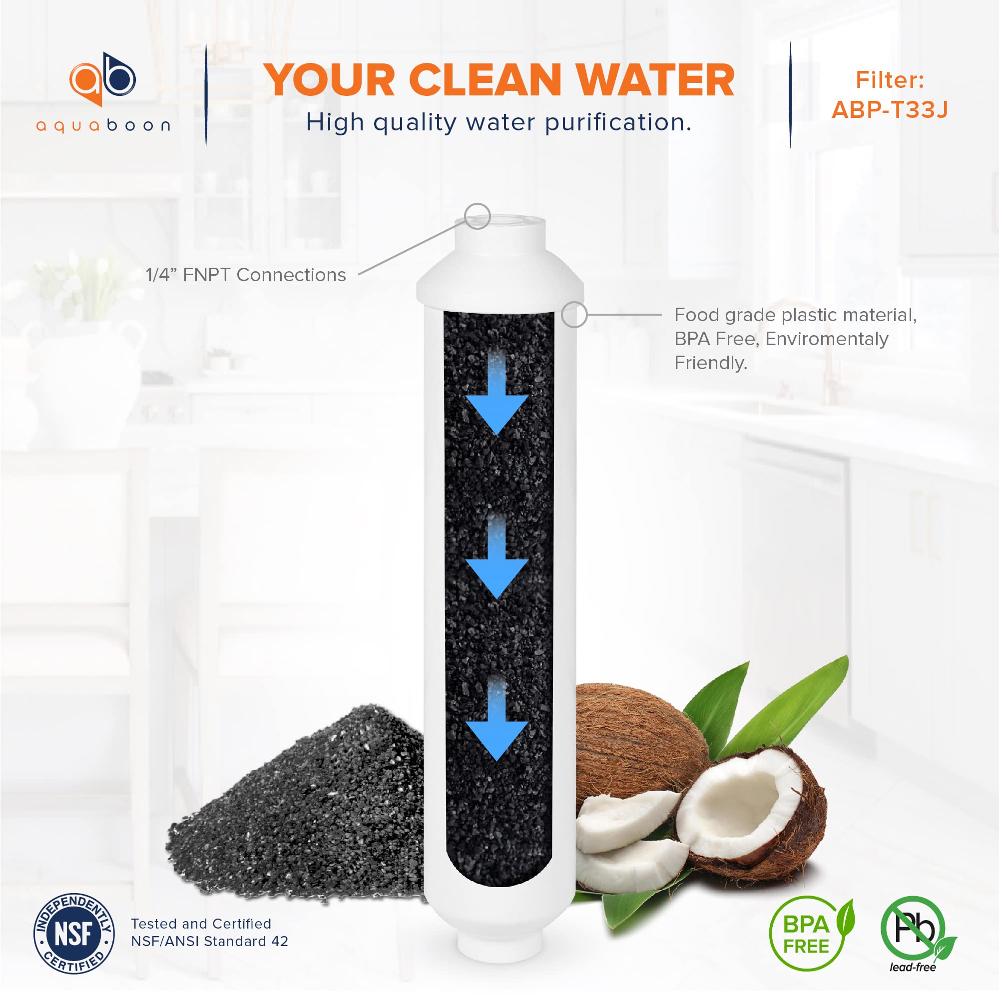 Aquaboon Inline Water Filter for Refrigerator - T33 Post Activated Carbon Water Filter with Jaco 1/4 water line fittings - Ice Maker Filter - RO Water Filter Replacement Compatible with ICF-10, 2-Pack