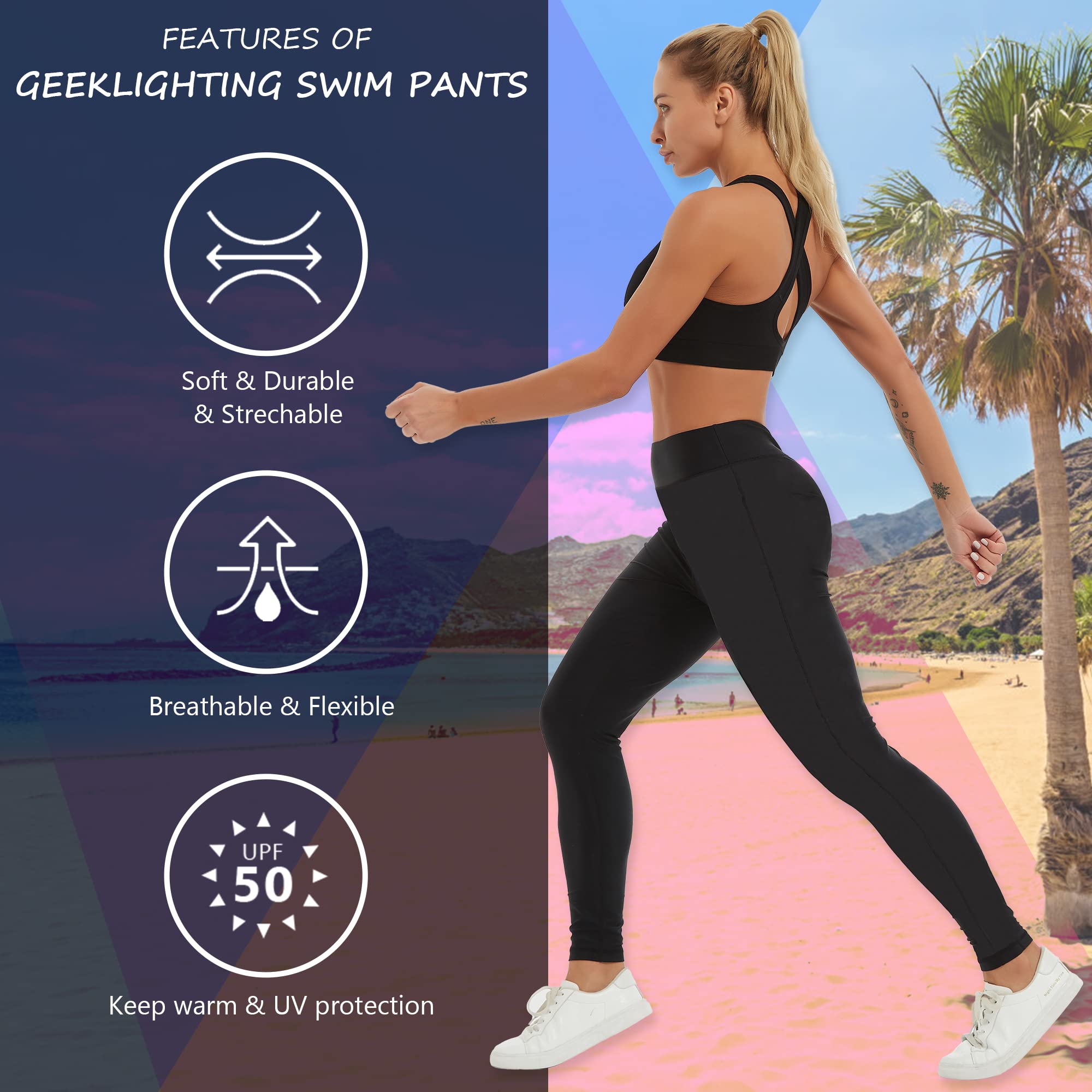 GEEK LIGHTING Swim Pants for Women Surfing Leggings SPF Swimming Tights Rash Guard Water Wetsuit Dive Kayaking Pants Black