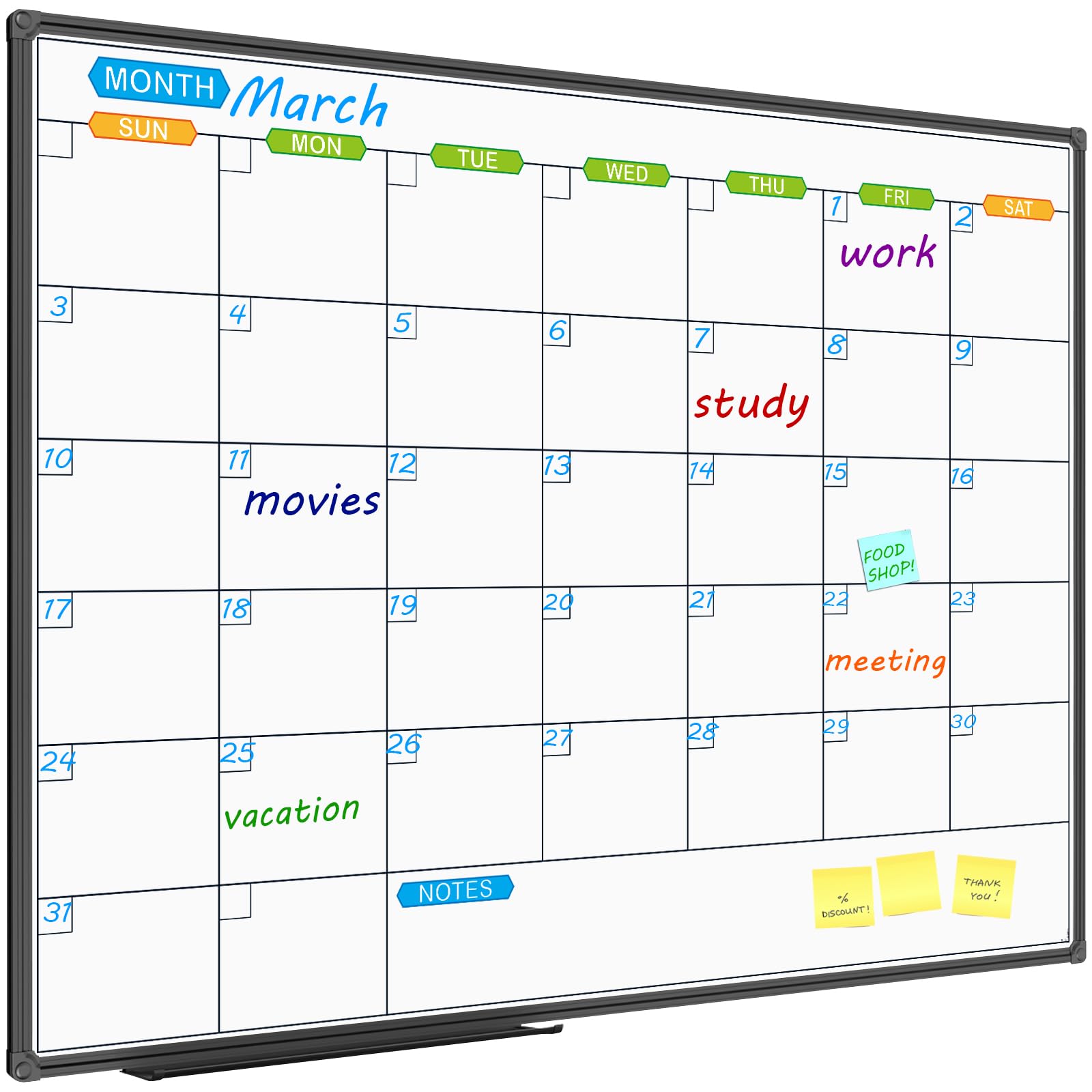 JILoffice Dry Erase Calendar Whiteboard 48 X 36 Inch - Magnetic White Board Calendar Monthly, Black Aluminum Frame Wall Mounted Board for Office Home and School