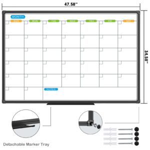 JILoffice Dry Erase Calendar Whiteboard 48 X 36 Inch - Magnetic White Board Calendar Monthly, Black Aluminum Frame Wall Mounted Board for Office Home and School