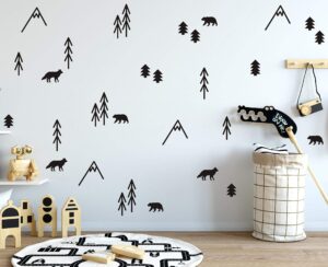 woodland animals, trees and mountains wall decals, vinyl stickers for bedroom, living room, school, nursery wall decals, room decor a44 (black)