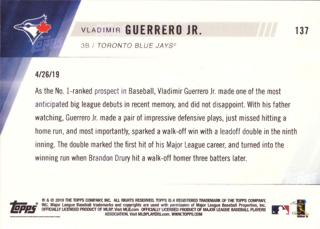 2019 Topps Now Baseball #137 Vladimir Guerrero Jr. Rookie Card - 1st Official Rookie Card