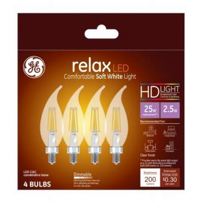 Ge Lighting 45555 2.5 Watt E12 Cac Clear Soft White Led Dimmable Relax Hd Light Bulbs 4 Count