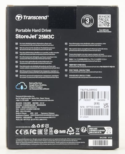 Transcend 2TB StoreJet 25M3C USB Type-C Portable Hard Drive (HDD) Rugged, Anti-shock resistant, Compact and Lightweight with Lightning-fast Speeds and a One Touch Backup Button (Iron Grey) TS2TSJ25M3C