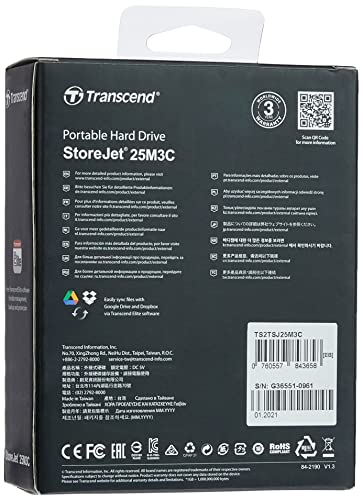 Transcend 2TB StoreJet 25M3C USB Type-C Portable Hard Drive (HDD) Rugged, Anti-shock resistant, Compact and Lightweight with Lightning-fast Speeds and a One Touch Backup Button (Iron Grey) TS2TSJ25M3C