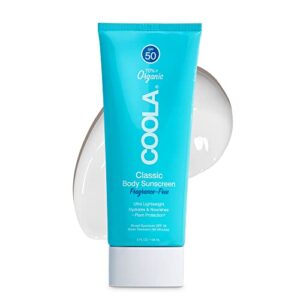 coola organic sunscreen spf 50 sunblock body lotion, dermatologist tested skin care for daily protection, vegan and gluten free, fragrance free, 5 fl oz