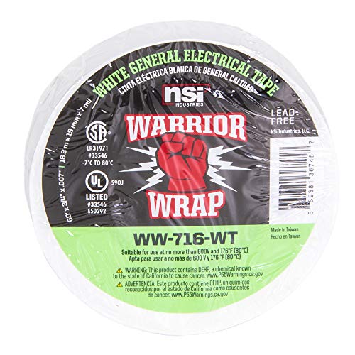 NSI WW-716-WT WarriorWrap General 7 mil Vinyl Electrical Tape, 3/4" Width, 60' Length, White