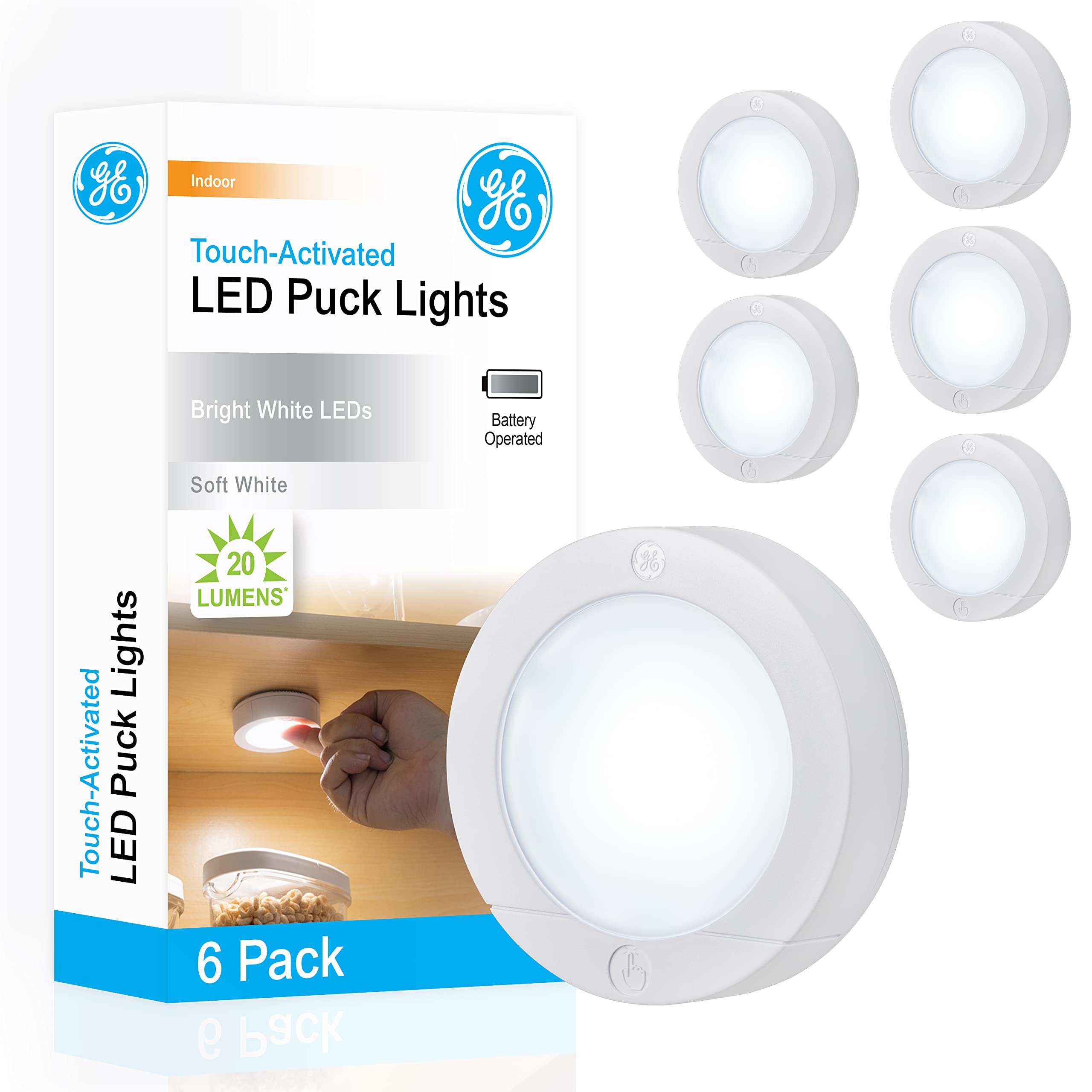 GE Wireless LED Puck Lights, Battery Operated, 20 Lumens, Touch Light, Tap Light, Stick On Lights, Under Cabinet Lighting, Ideal for Kitchen Cabinets, Closets, Garage, 6 Pack, 45994