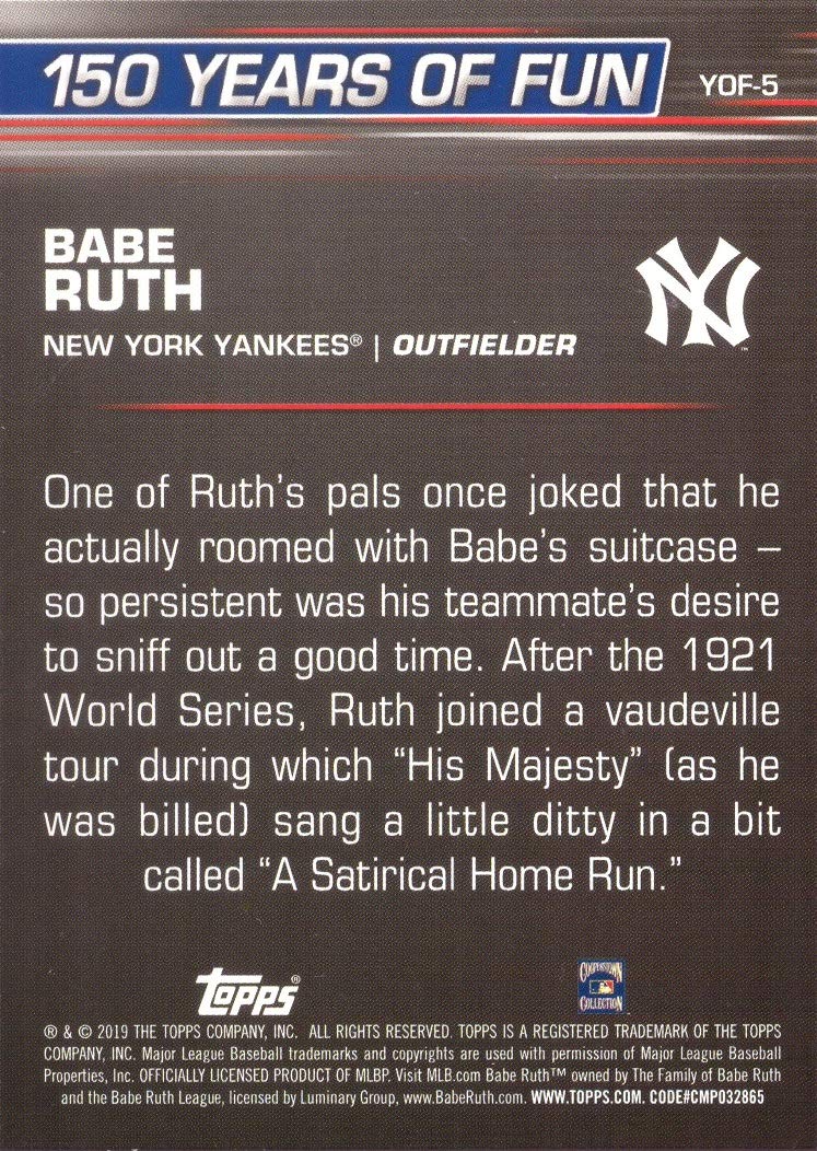 2019 Topps Opening Day 150 Years of Fun #YOF-5 Babe Ruth Yankees Baseball Card