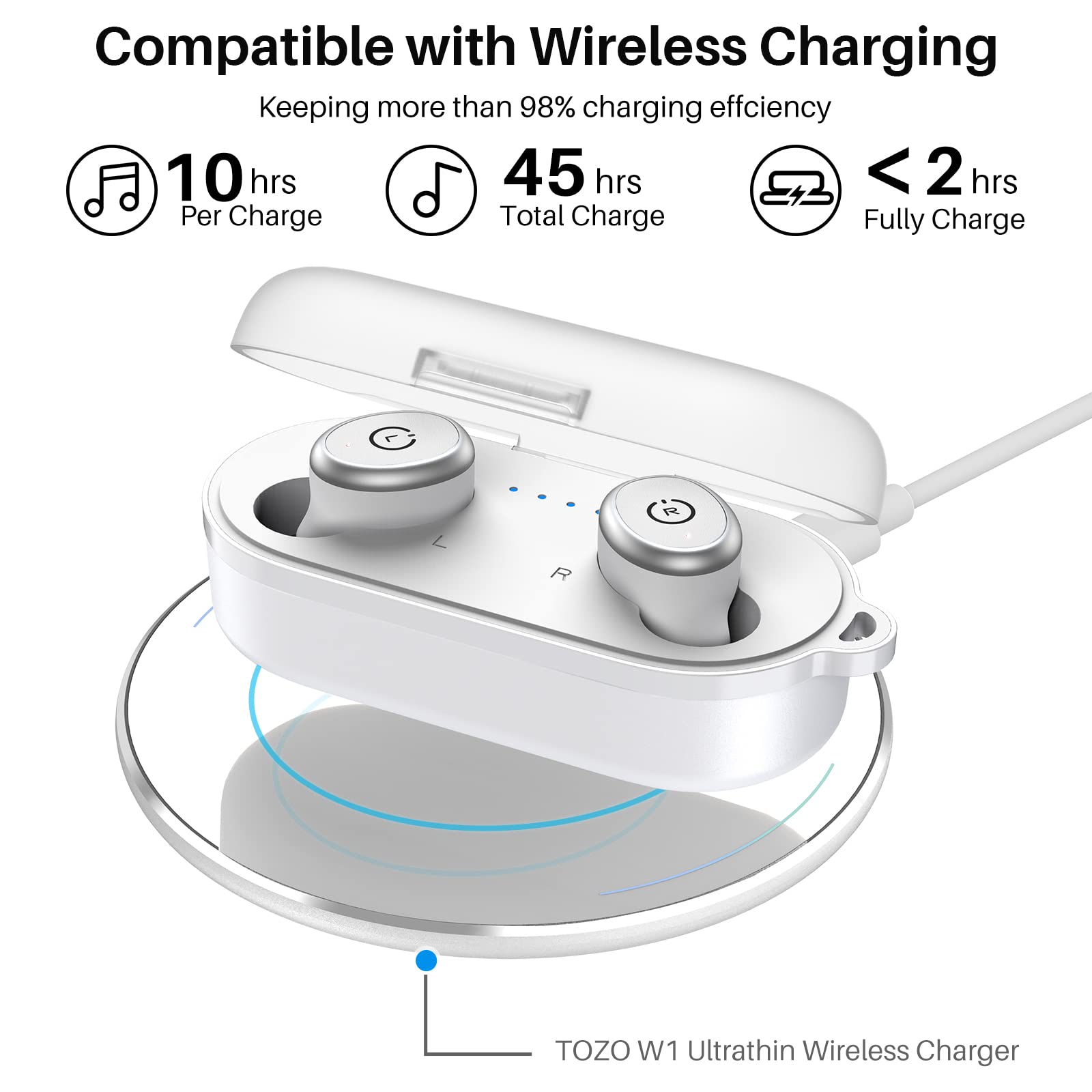 TOZO T10 (Classic Edition) Bluetooth 5.3 Wireless Earbuds with Wireless Charging Case IPX8 Waterproof Stereo Headphones in Ear Built in Mic Headset Premium Sound with Deep Bass for Sport White