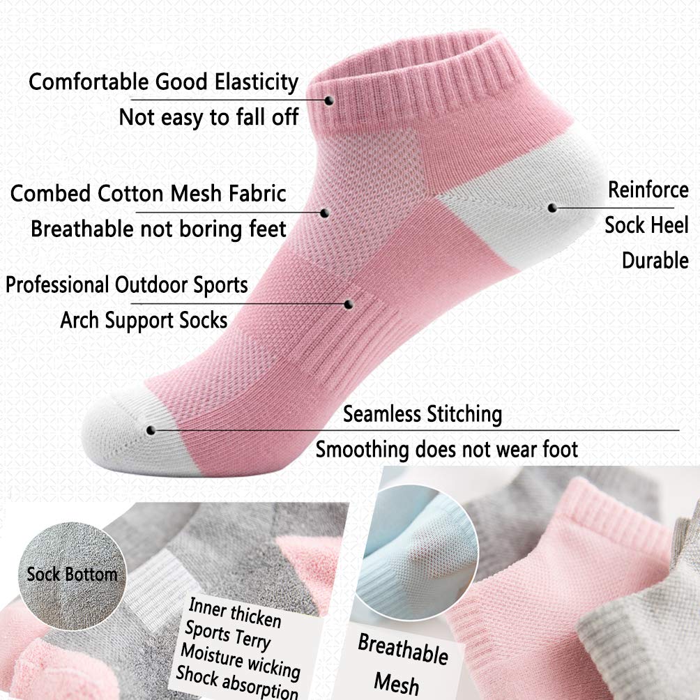 RedsGirl Ankle Running Sports Cotton Socks Mesh Breathable Low Cut Short Athletic Terry Sock for Women Youth, Multicolor 6 Pairs