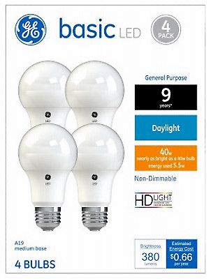 Ge Lighting 36992 5.5 Watt E26 A19 Frosted Daylight Led Non-Dimmable Light Bulbs 4 Count