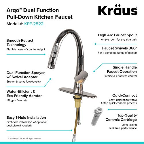 Kraus KPF-2522SFS Arqo Dual Function Pull Down Kitchen Faucet, 15 Inch, Spot Free Stainless Steel