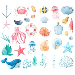 seasonstorm watercolor sea shell precut cute aesthetic diary travel paper junk journal stickers scrapbooking stationery sticker flakes art supplies (pk396)