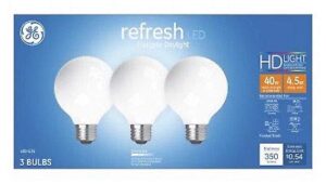 ge lighting 43281 4.5 watt e26 g25 frosted daylight led dimmable refresh hd light bulbs 3 count