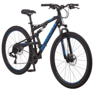 schwinn s29 mens and womens mountain bike, 29-inch wheels, 21-speed, 20-inch aluminum frame, dual-suspension, mechanical disc brakes, matte black