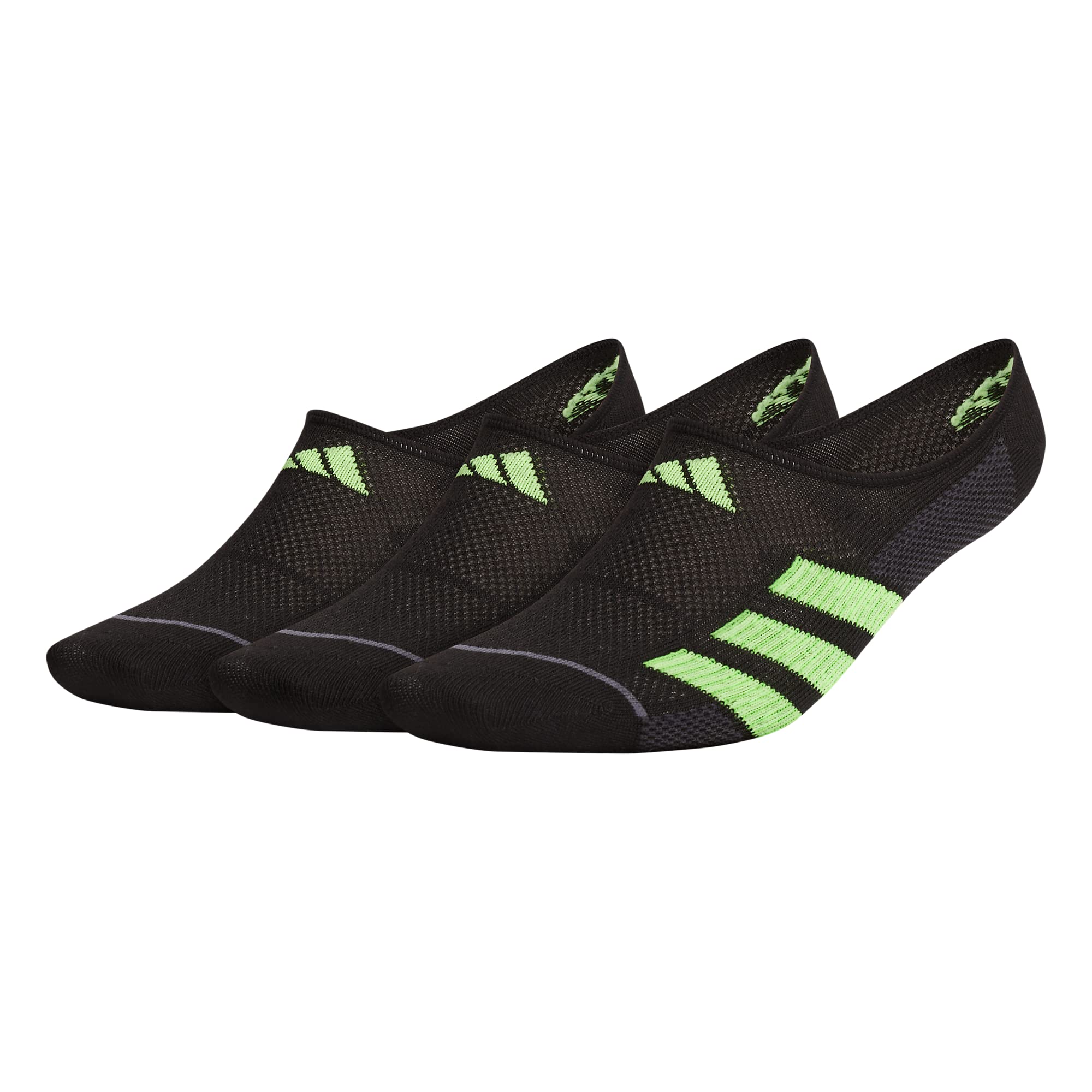 adidas Men's Superlite Stripe II 3-Pack Super No Show, Black/Night Grey/Signal Green, Large