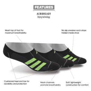 adidas Men's Superlite Stripe II 3-Pack Super No Show, Black/Night Grey/Signal Green, Large