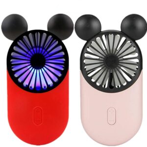 kbinter cute personal mini fan, handheld & portable usb rechargeable fan with beautiful led light, 3 adjustable speeds, portable holder, for indoor outdoor activities, cute mouse 2 pack (red+pink)