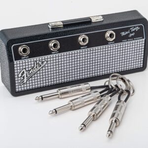 Licensed Fender Jack Rack- guitar amp key holder, includes 4 guitar plug keychains and 1 wall mounting kit. Quick and easy installation.