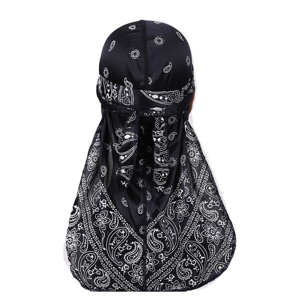 DINPREY Assorted Paisley Bandana Doo rag Cap Headwraps Men's Women's Silk Durag with Long Tail and Wide Straps for 360 Waves (Navy blue,Purple,Blue)