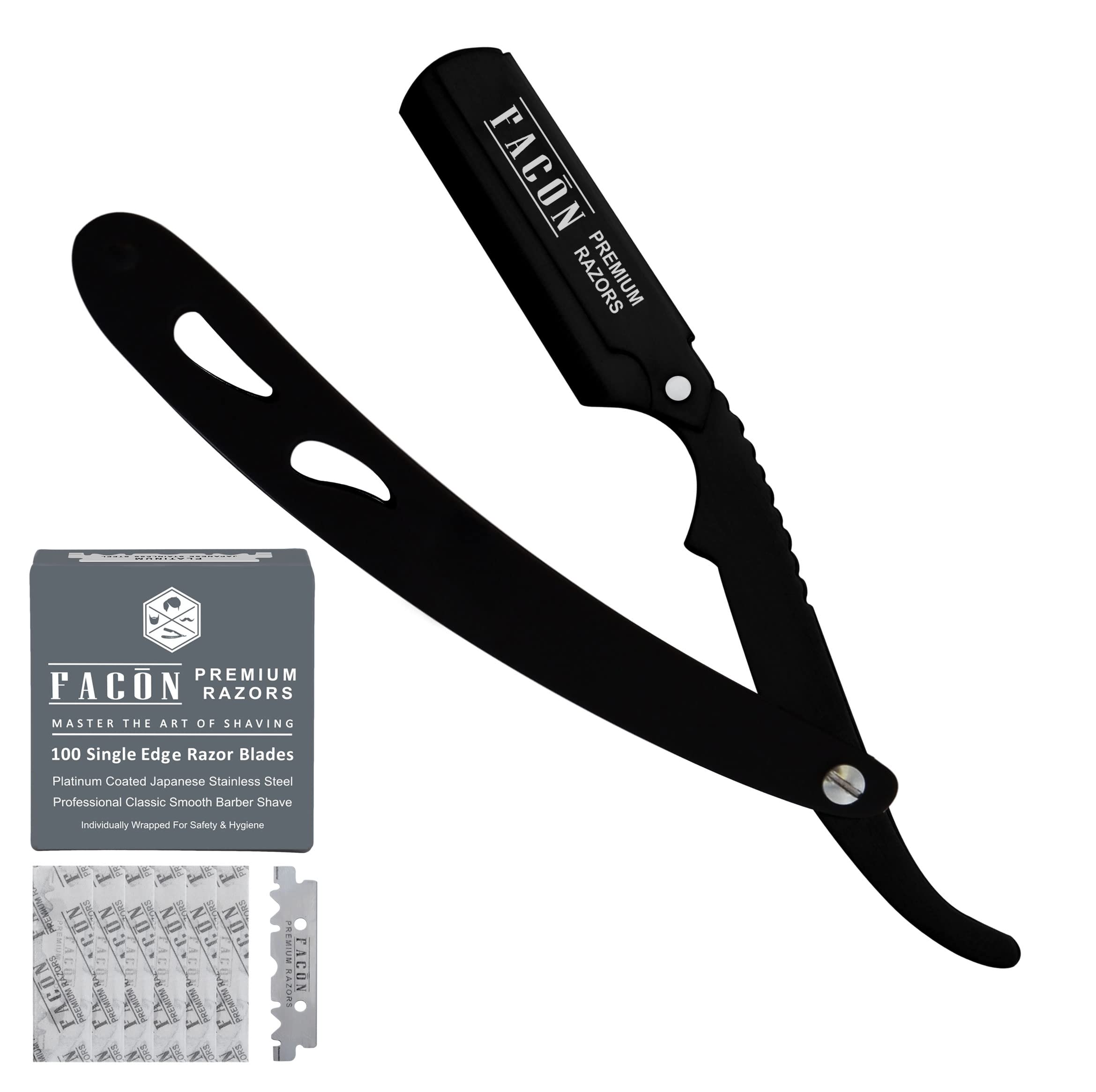 100 BLADES + Facón Professional Traditional Straight Edge Barber Razor - Salon Quality Cut Throat Shavette