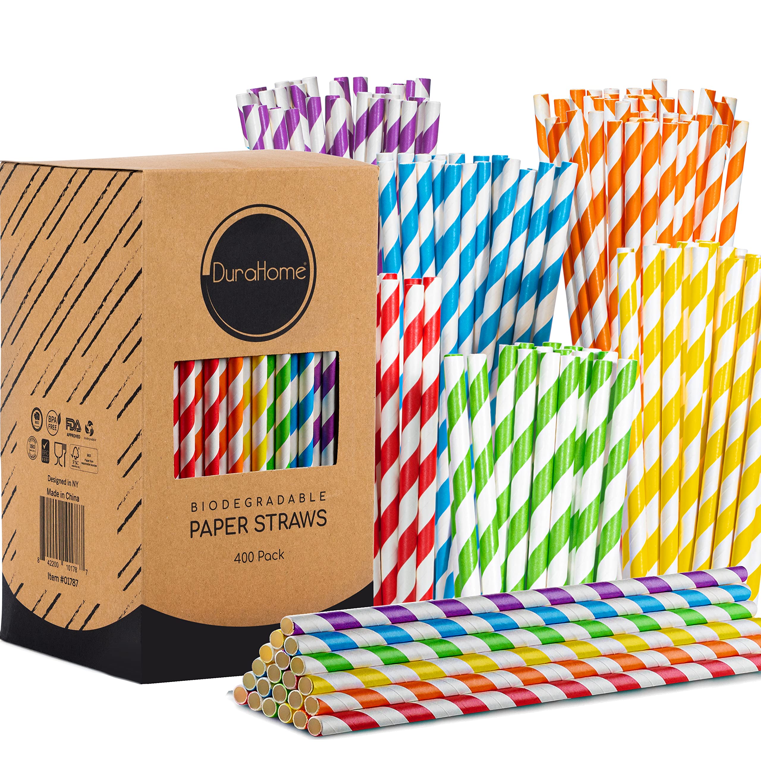 Paper Straws 400 Pack Biodegradable Colorful Striped Design 8.25" Straw for Everyday/Birthday Party/Baby Shower/Wedding/Anniversary and Parties, Long Lasting - by DuraHome (Colorful - 400pc)