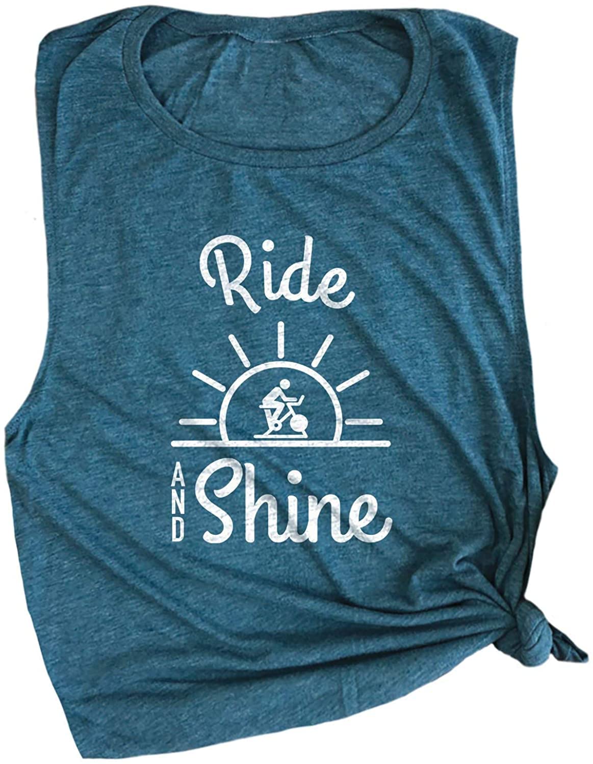 Spunky Pineapple Ride and Shine Cycling Class Women's Workout Muscle Tee Sleeveless Gym Tee Deep Teal