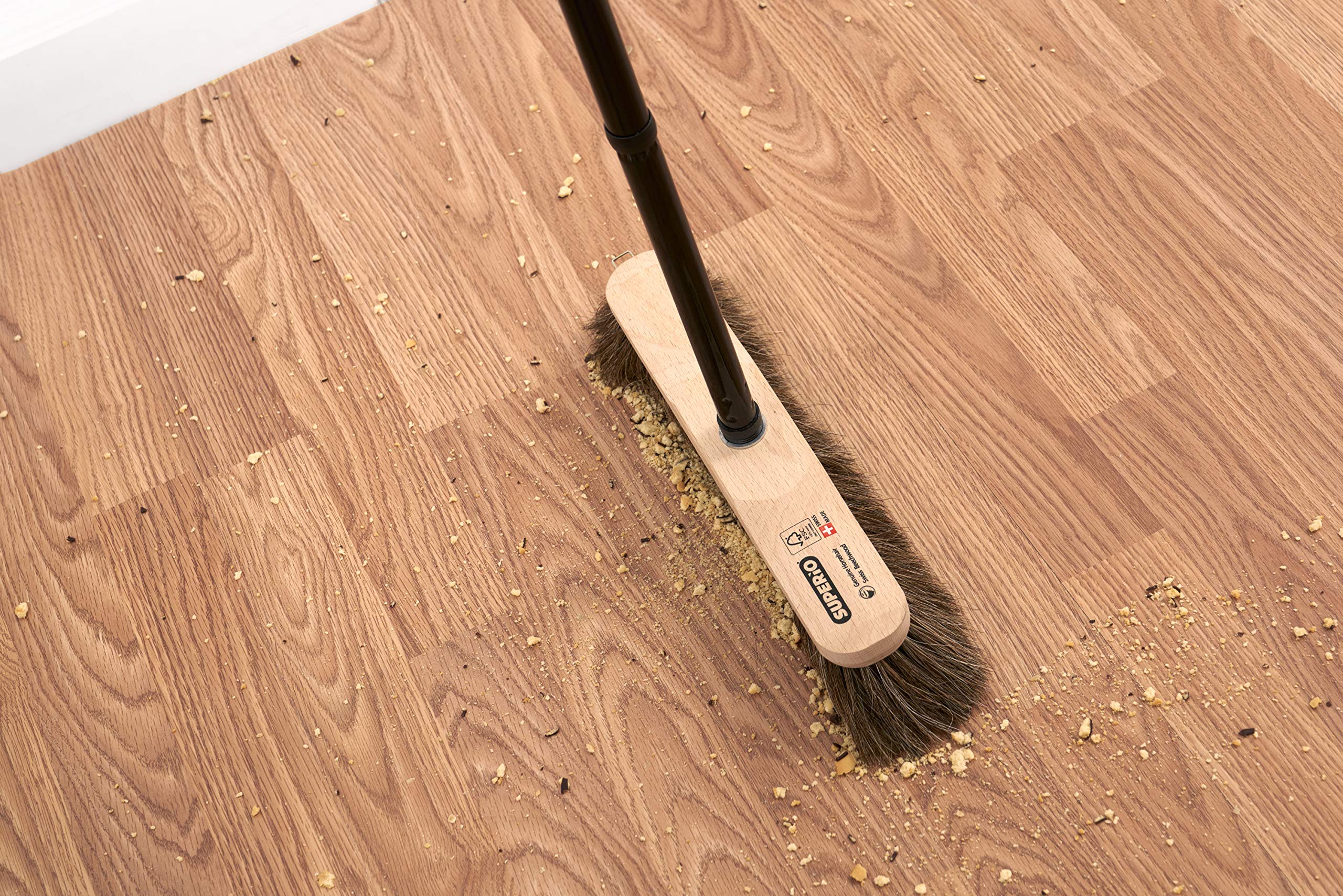 Horsehair Broom Natural Bristles with Metal Handle, Durable Beech Wood Brush Head Genuine Horse Hair Bristles, Swiss Made Broom - Parquet, Solid Hardwood Floor, Tile Surfaces