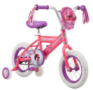 nickelodeon paw patrol kids bike, for boys and girls ages 2 to 4 year old or 28 to 38 inch tall, paw patrol skye on a pink steel frame and chain guard, includes training wheels, 12-inch wheels