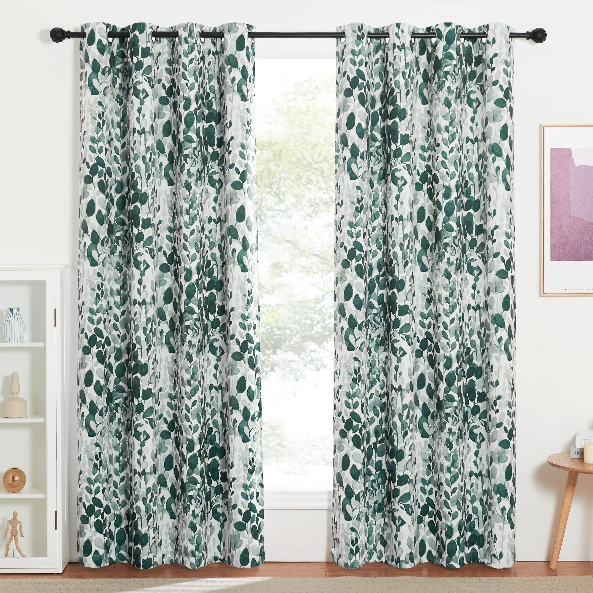 KGORGE Herb Foliage Pattern Curtains, Lighten up Indoor Space Room Darkening Window Curtain Set for Dining Area/Farmhouse, W 52" x L 84" per Panel, 2 Pcs, Green-Blue